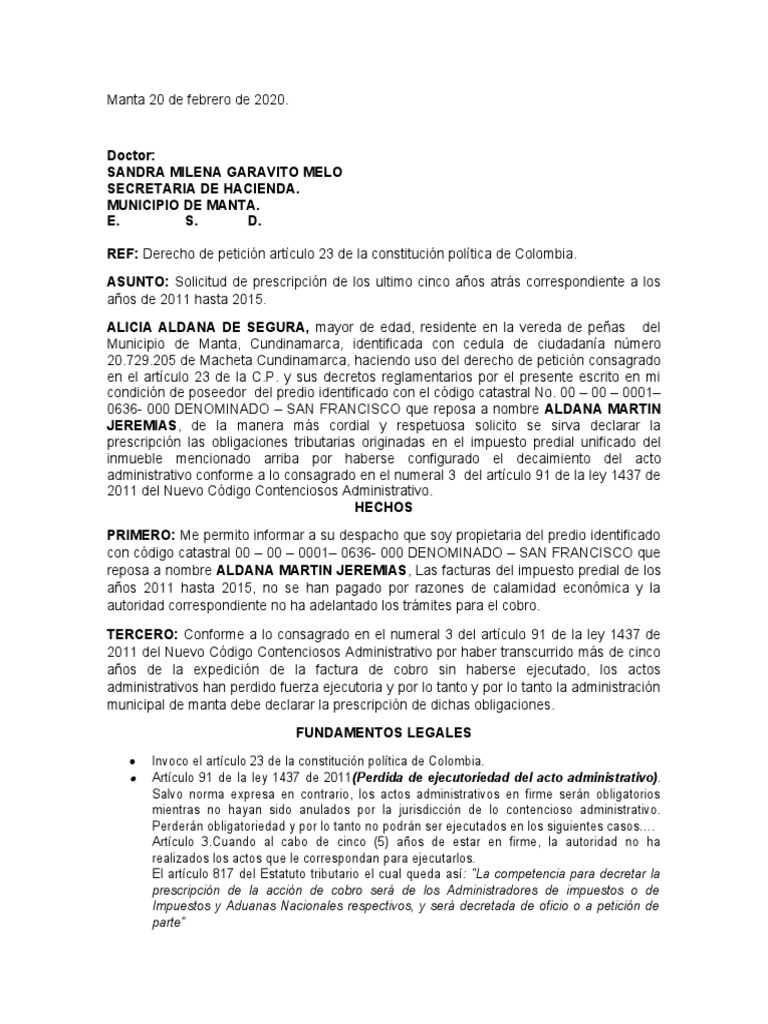 Formato Solicitud de Prescripcion Impuesto Predial 2020 | PDF ...