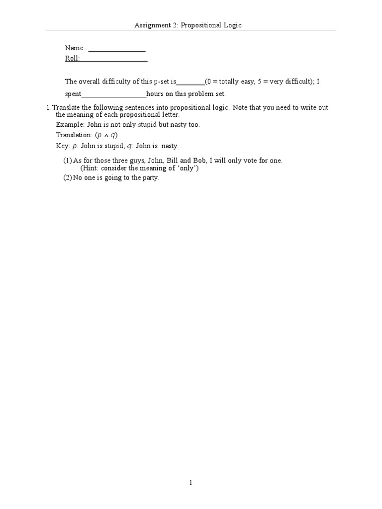 Propositional Logic Assignment Guide | PDF