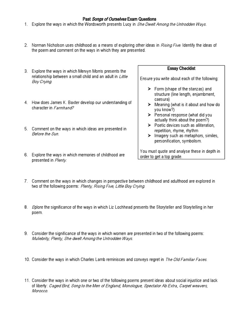 Past Songs of Ourselves Exam Questions | PDF | Poetry