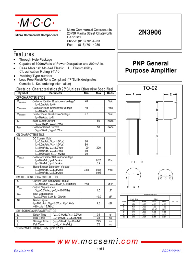 Datasheet 2n3906 | Download Free PDF | Bipolar Junction Transistor ...