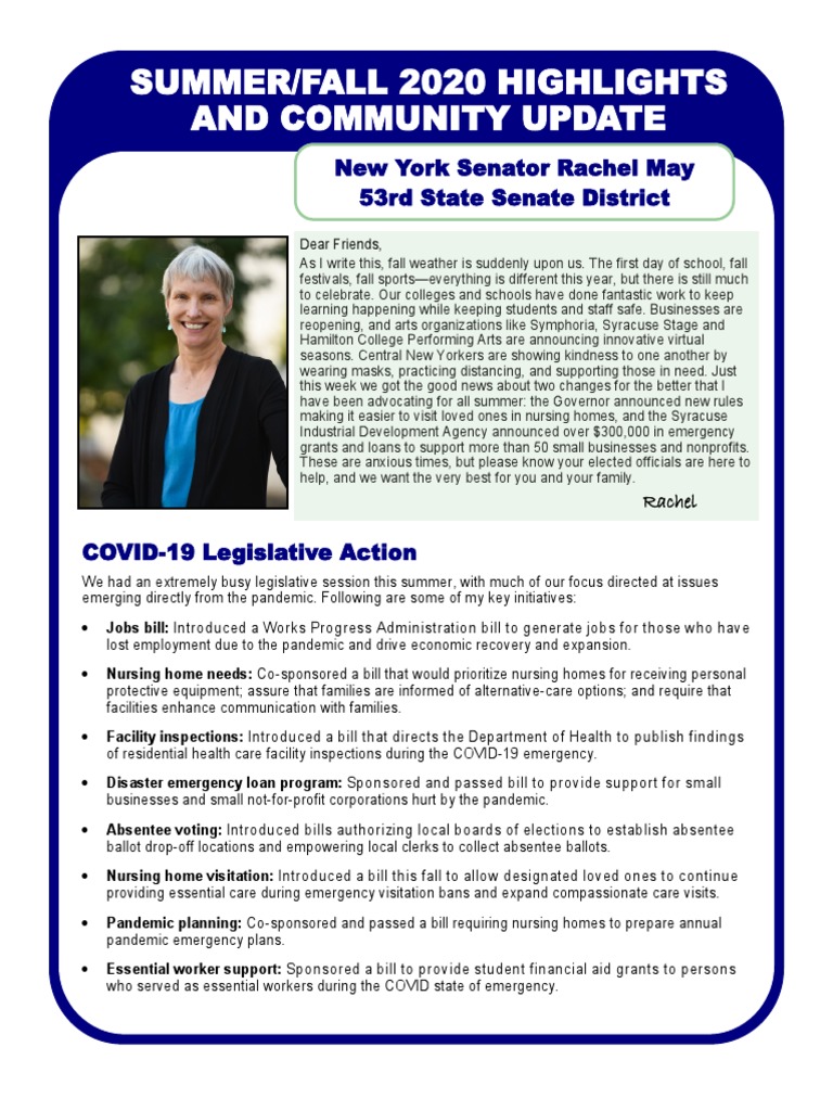 Summer/Fall 2020 Highlights and Community Update: New York Senator ...