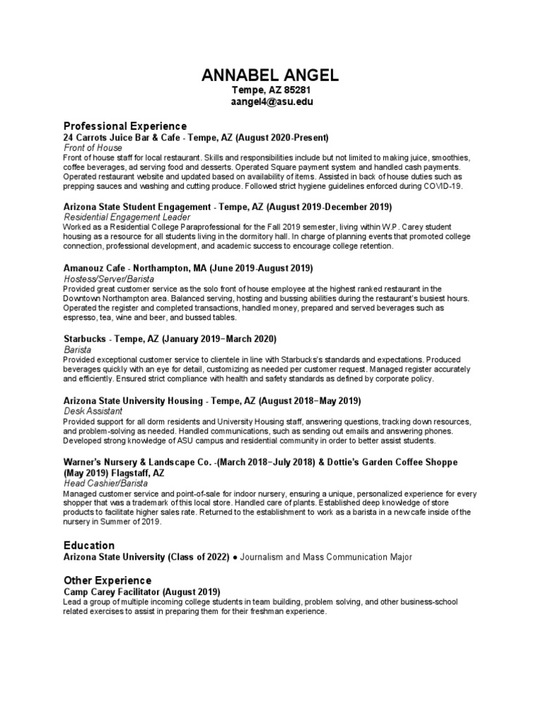 Annabel Angel Resume2020 Updated | PDF | Restaurants | Starbucks