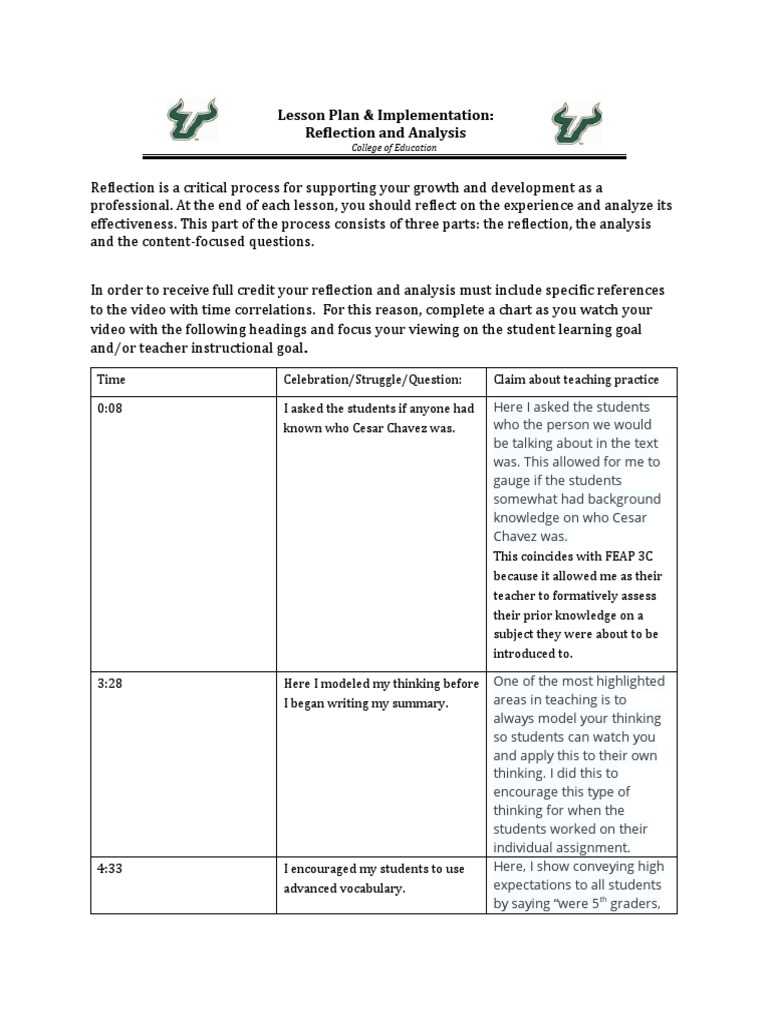 Lesson Plan & Implementation: Reflection and Analysis: College of ...