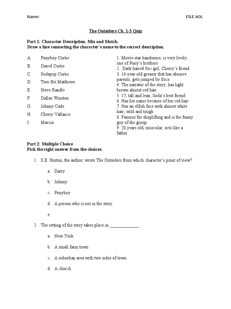 The Outsiders CH 1-3 Quiz | PDF