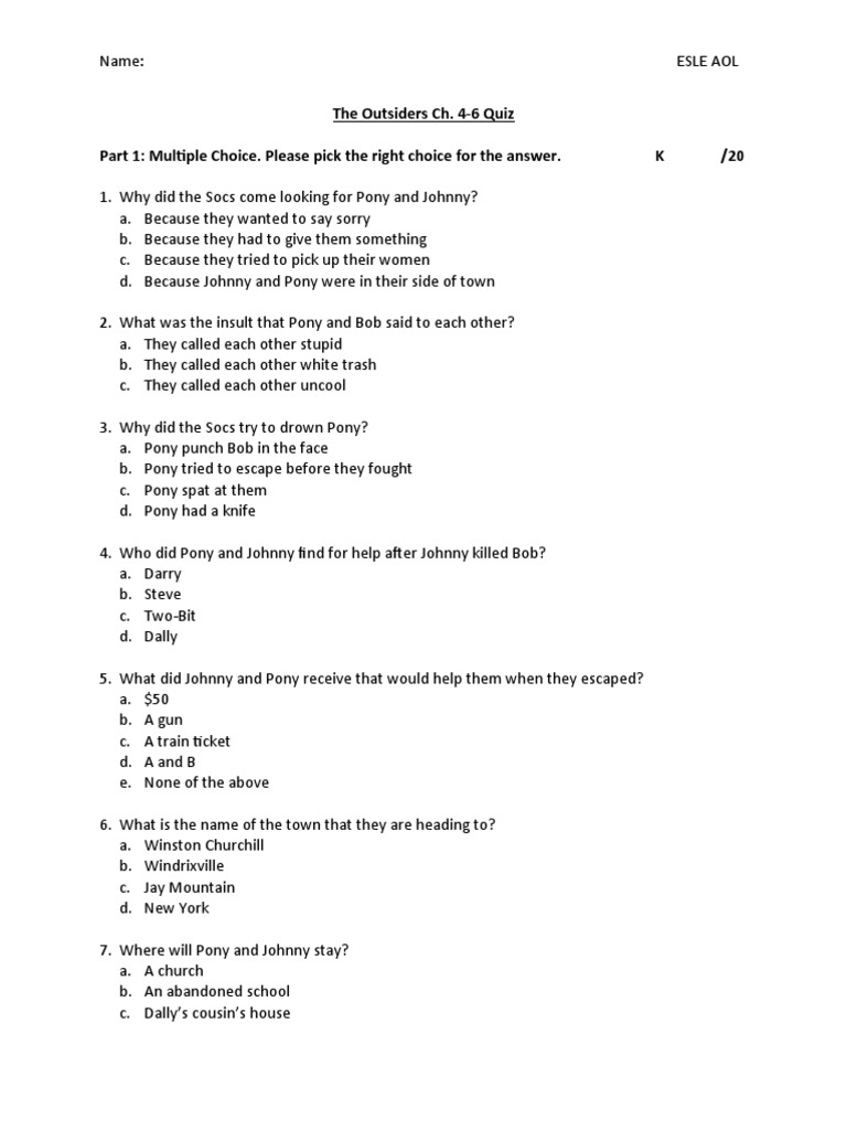 The Outsiders Chapters 4-6 Quiz | PDF