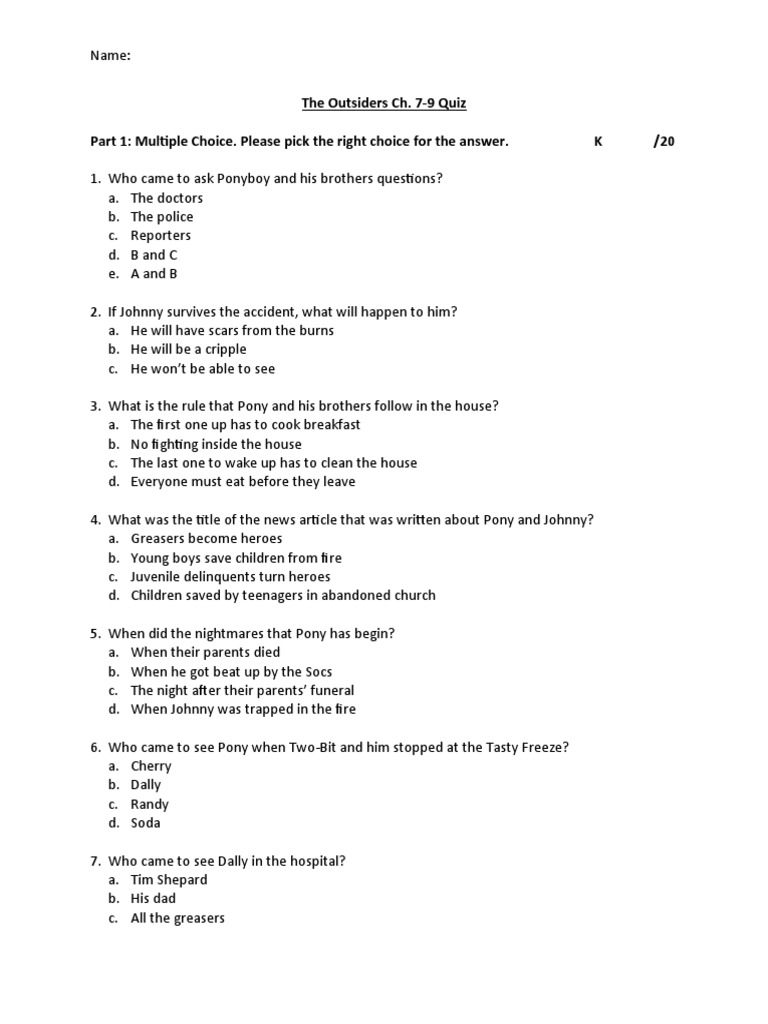 The Outsiders CH 7-9 Quiz | PDF
