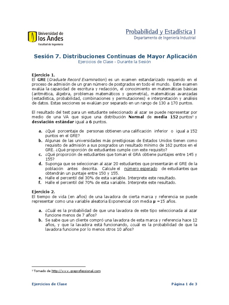 Semana 7 - VAs Continuas Uso Frecuente - Ejercicios de Clase | PDF | Distribución normal | Media