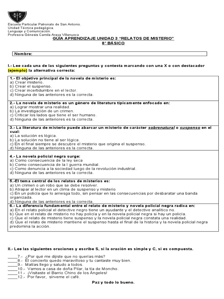 Guía de Relatos de Misterio 8° Básico | PDF | Suspense (Género ...