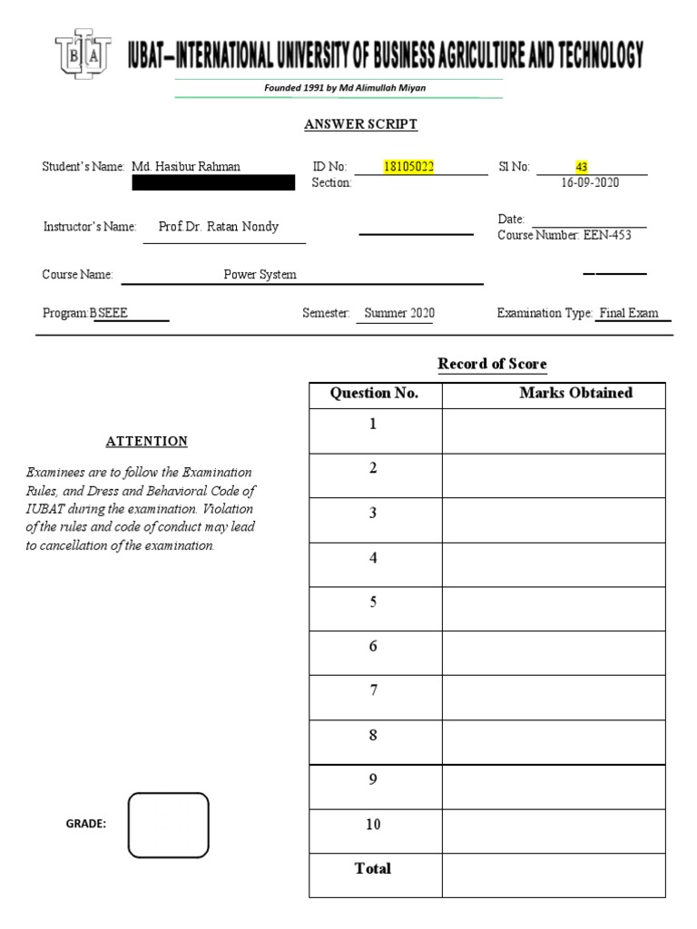 Answer Script:: Prof - Dr. Ratan Nondy | PDF