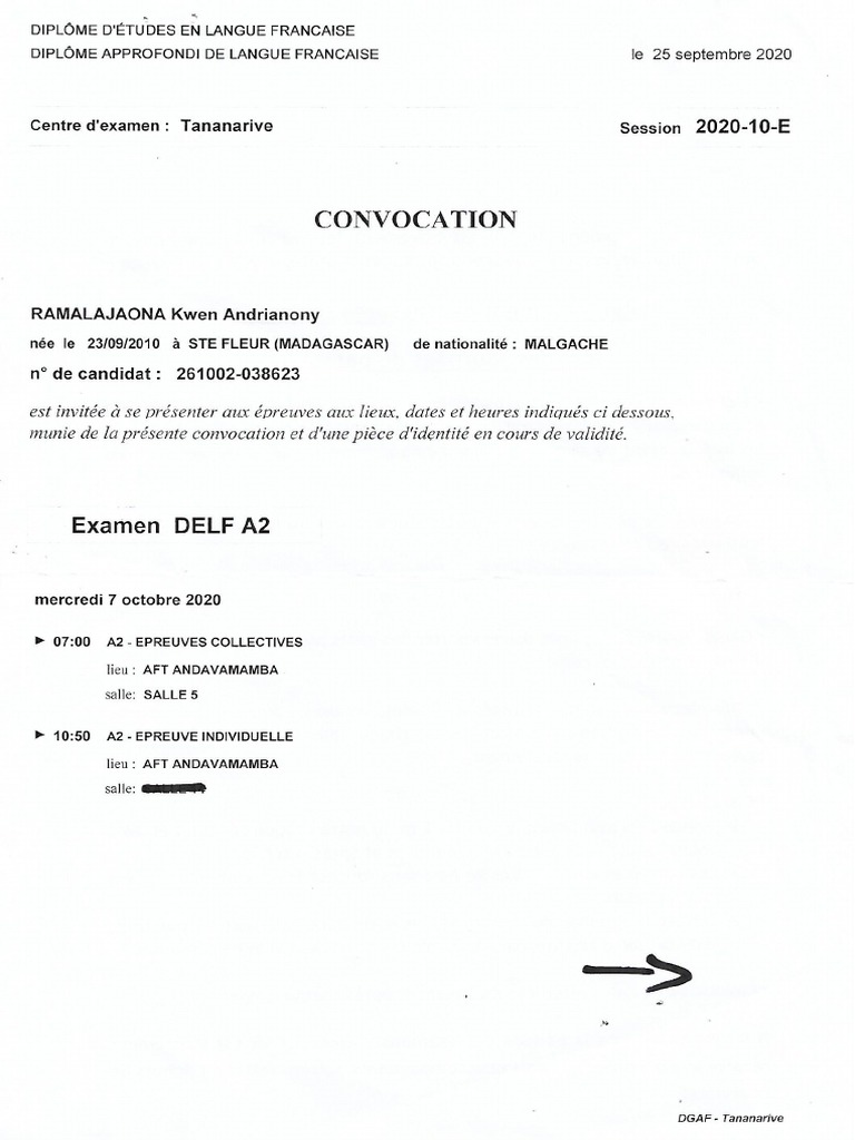Scan Convocation Examen DELF PDF | PDF