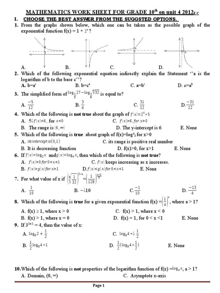 Mathematics Work Sheet For Grade 10 On Unit 4 2012: I. Choose The Best ...