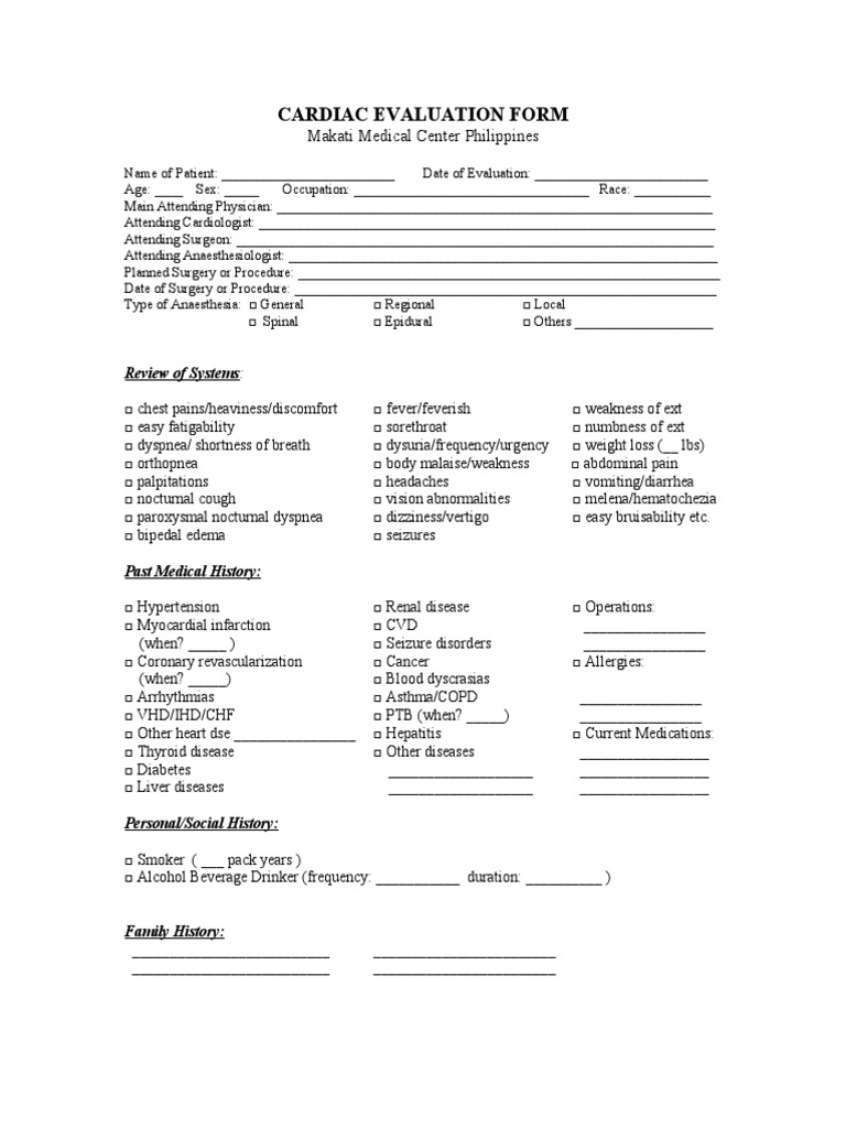 Cardiac Evaluation Form Template | PDF | Surgery | Myocardial Infarction