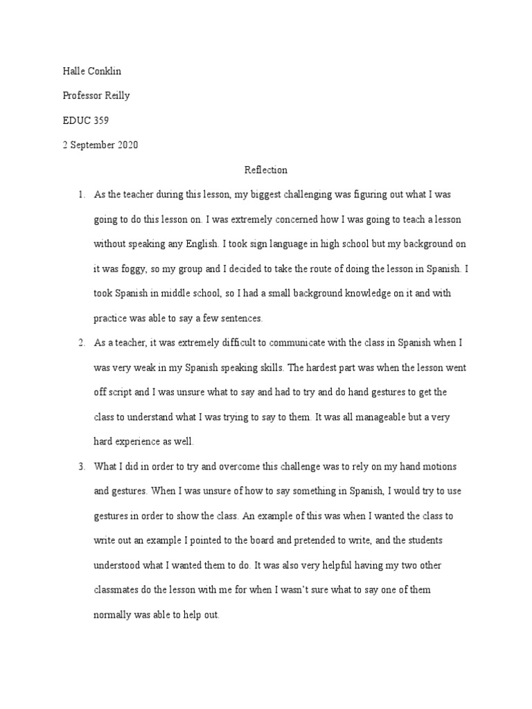 Reflection Questions Spanish Lesson Plan | PDF | Gesture | Teachers