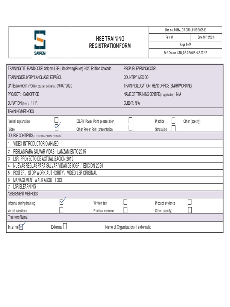 Hse Training Registration Form | PDF | Behavior Modification | Learning