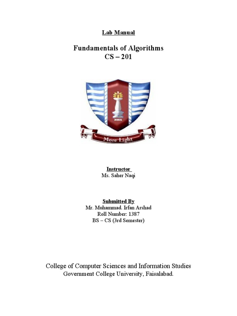 Fundamentals of Algorithms CS - 201: Lab Manual | PDF | Areas Of ...