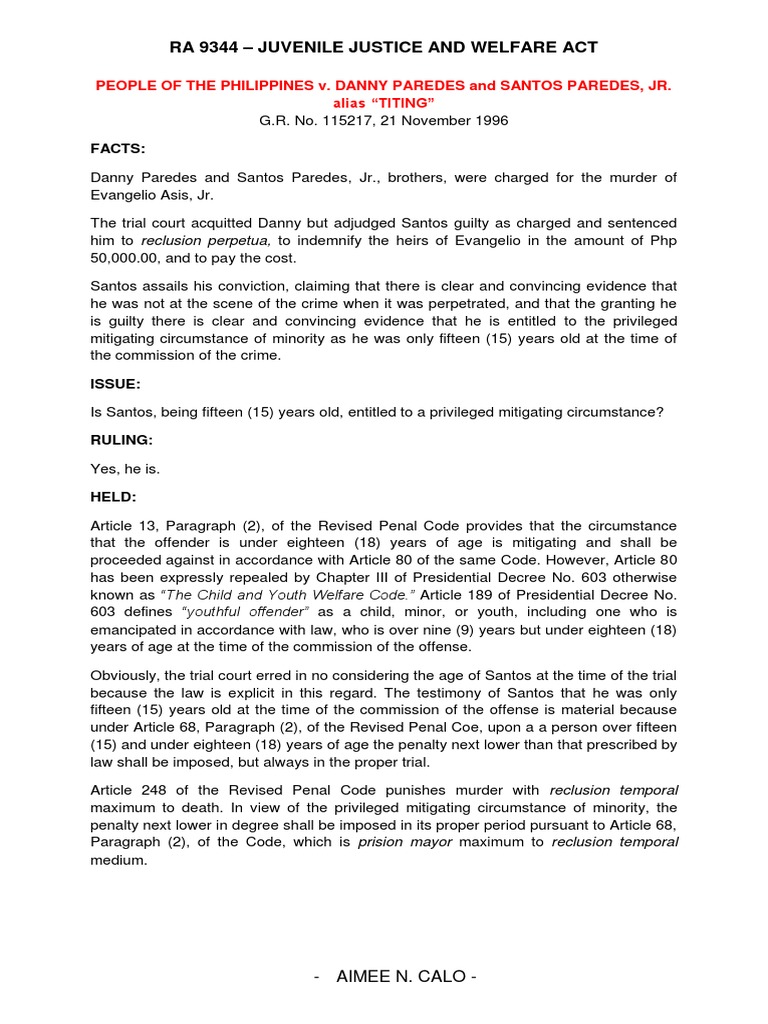 Case Digest - RA 9344 - Juvenile Justice and Welfare Act | Download ...