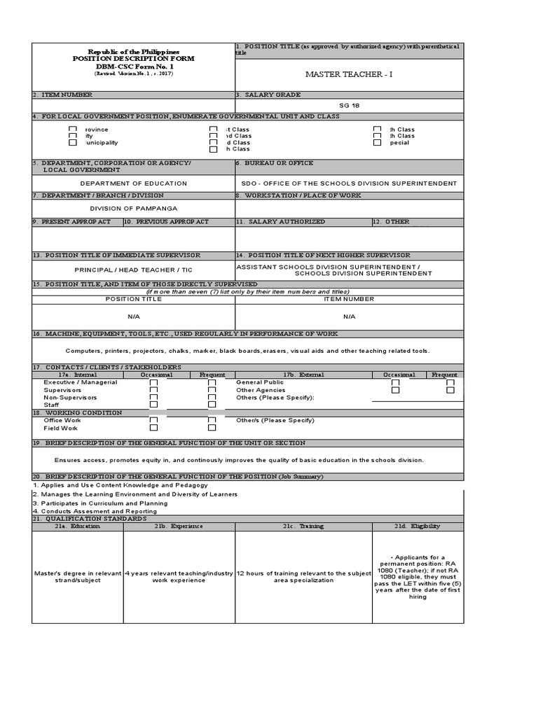 New Position Description Forms Master Teacher I - Iv Academic Track ...