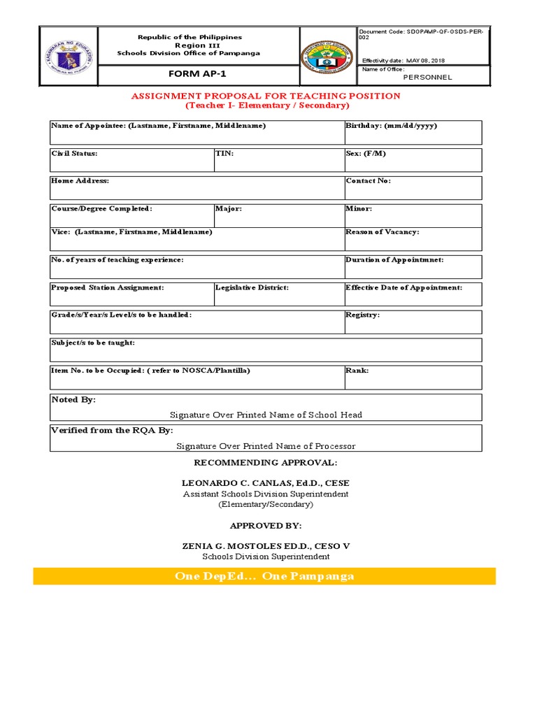 Form Ap-1: Assignment Proposal For Teaching Position (Teacher I ...