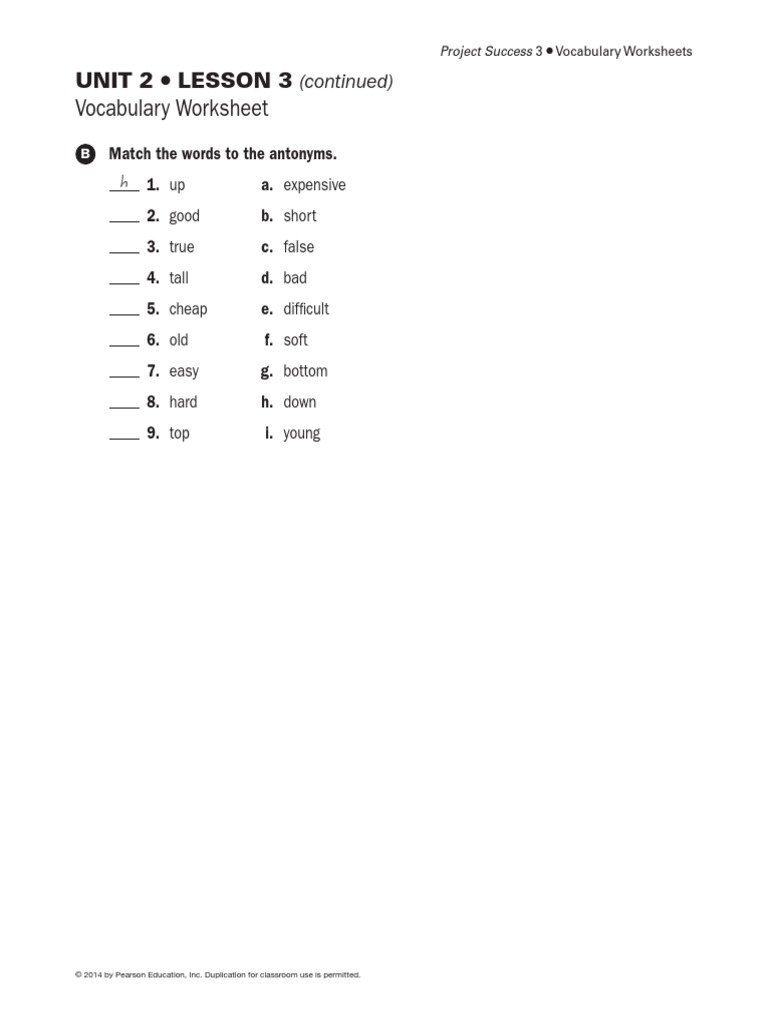 Vocabulary Worksheet: Unit 2 Lesson 3 | PDF