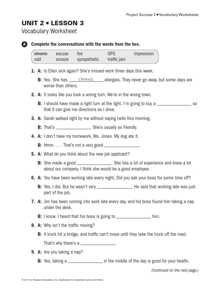 Vocabulary Worksheet: Unit 2 Lesson 3 | PDF
