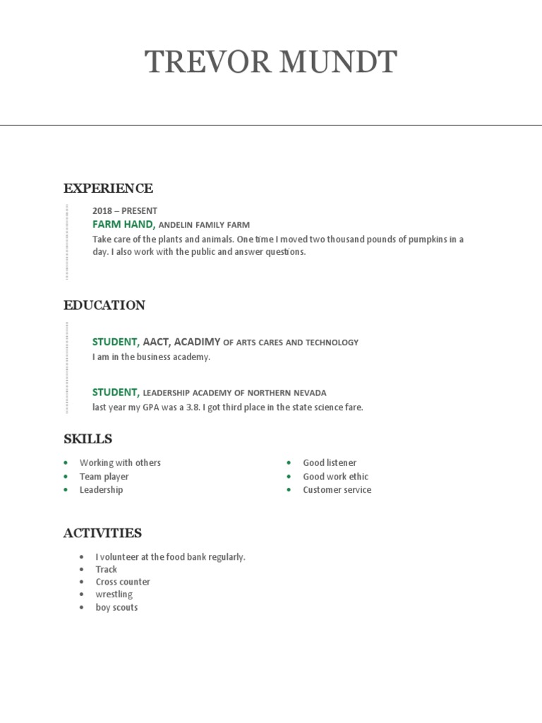 Trevor Mundt: Farm Hand & Student Experience | PDF | Cooking, Food ...