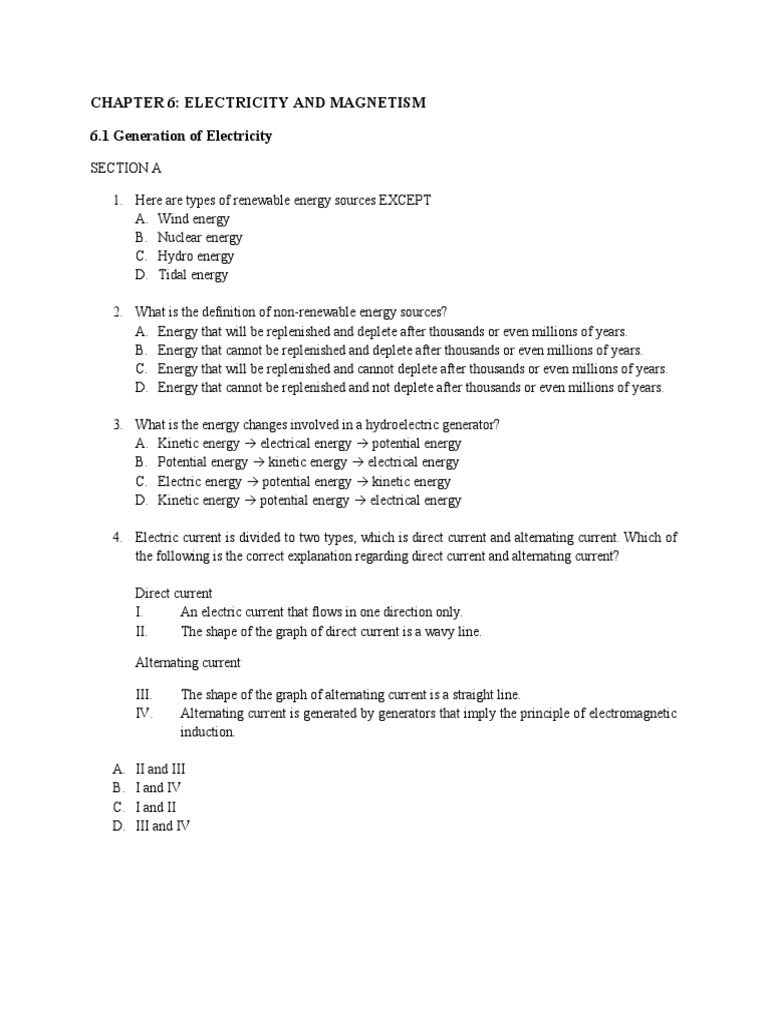 Chapter 6: Electricity and Magnetism 6.1 Generation of Electricity ...