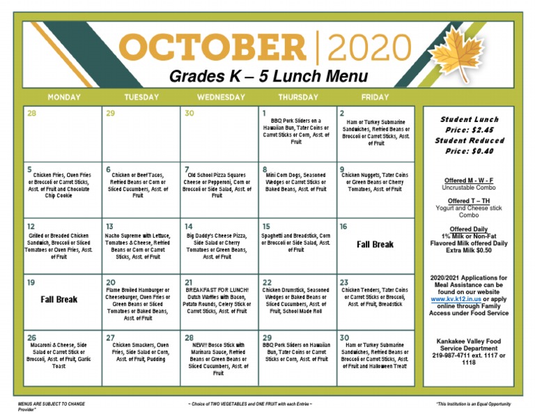 Grades K - 5 Lunch Menu: Fall Break | PDF | Lunch | Salad