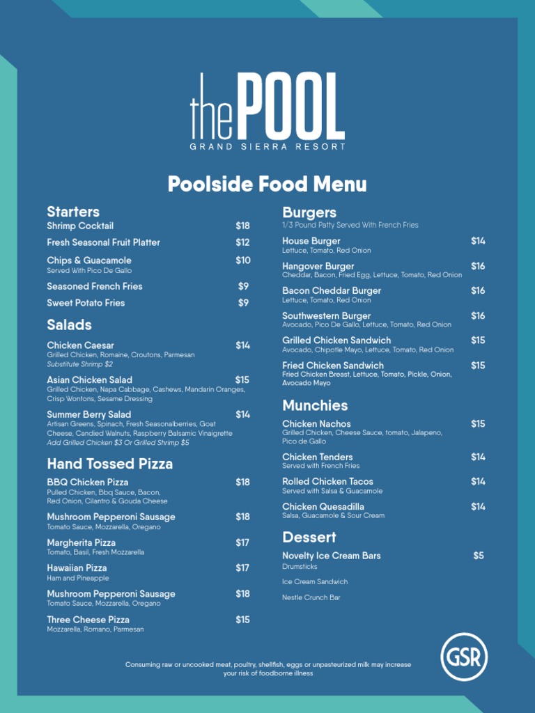 Poolside Food Menu: Starters Burgers | PDF | Salad | Hamburgers