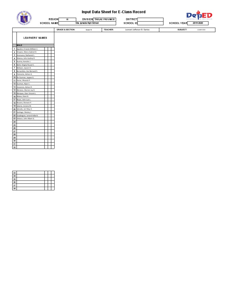 Sta. Ignacia High School Grade 10 Computer Class Record for First ...