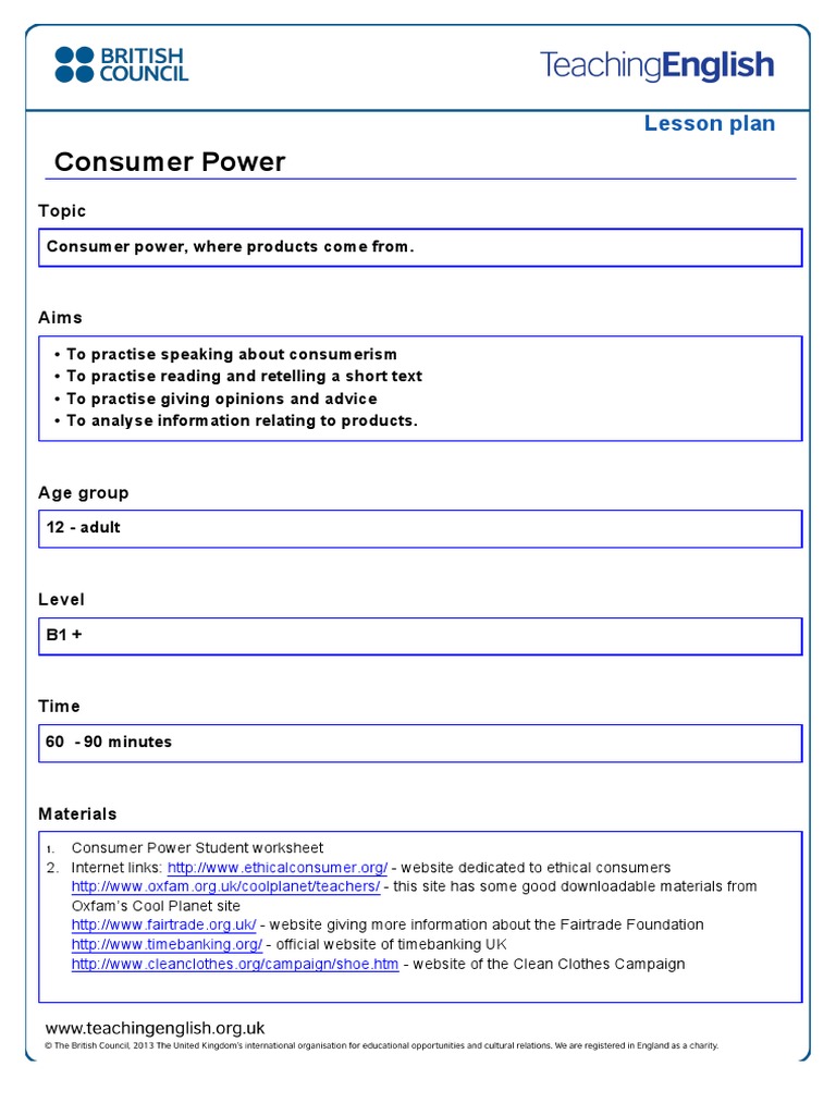 Consumer Power Lesson Plan | PDF | Fair Trade | Lesson Plan
