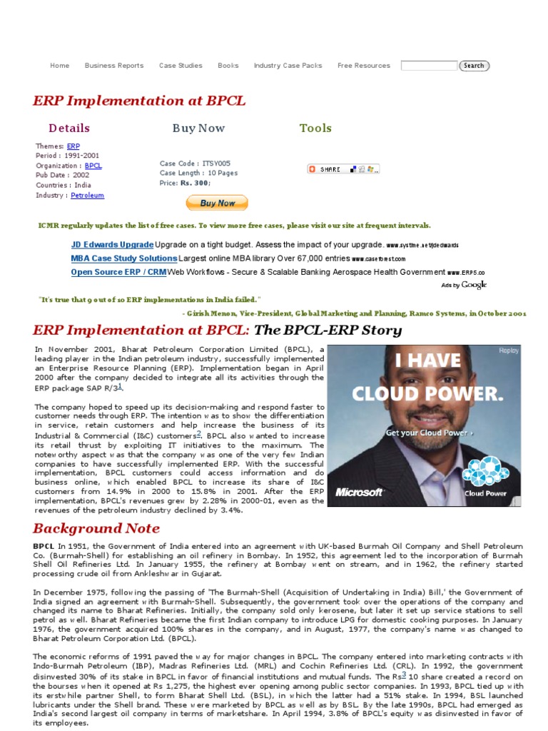 ERP Implementation at BPCL - Free Case Studies - Case Study Download | PDF | Enterprise Resource ...