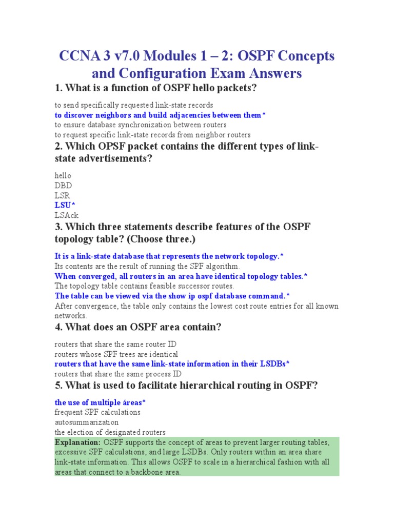 CCNA 3 v7.0 Modules 1 - 2: OSPF Concepts and Configuration Exam Answers | PDF | Routing ...