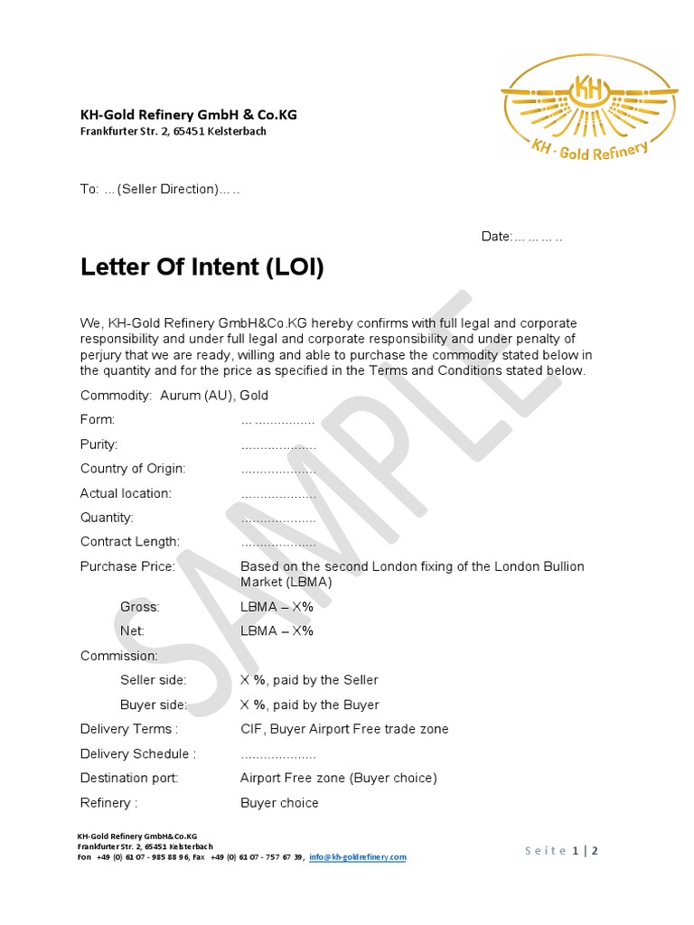 Letter of Intent (Loi) : KH Gold Refinery GMBH & Co - KG | PDF | Sales ...