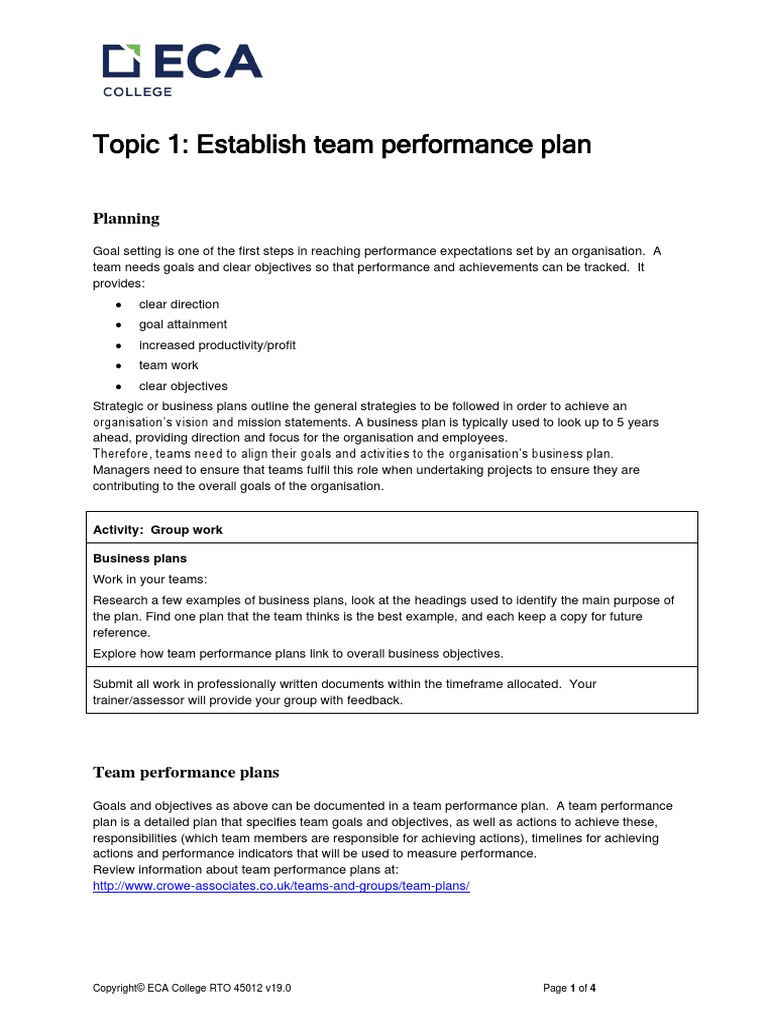 BSBWOR502 Topic 1 - Establish Team Performance Plan PDF | PDF | Goal ...