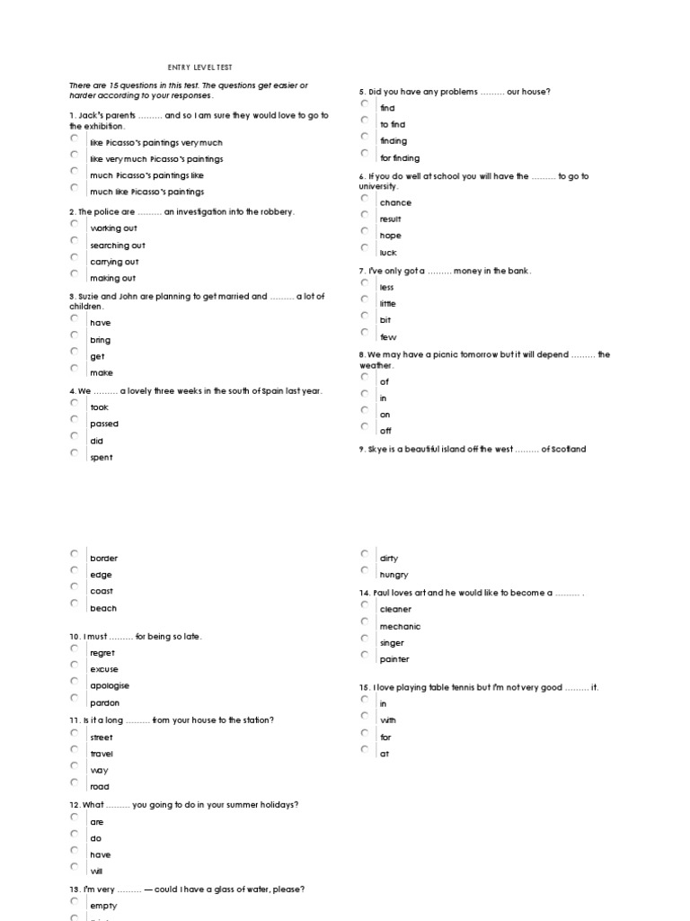 English Entry Level Test A1-A2 | PDF | Paintings