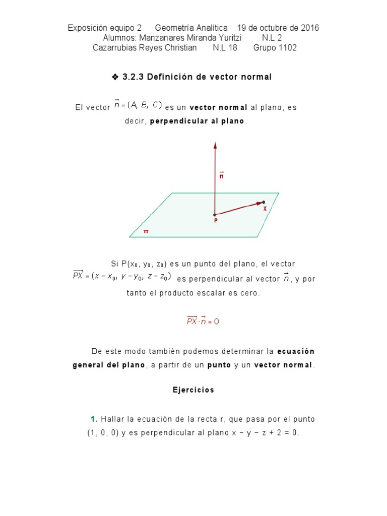 Definición de vectores normales al plano y ecuación cartesiana general ...