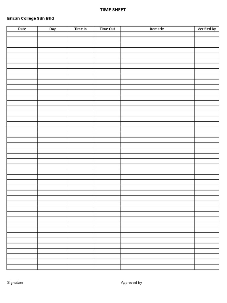 Time Sheet: Date Day Time in Time Out Remarks Verified by | PDF
