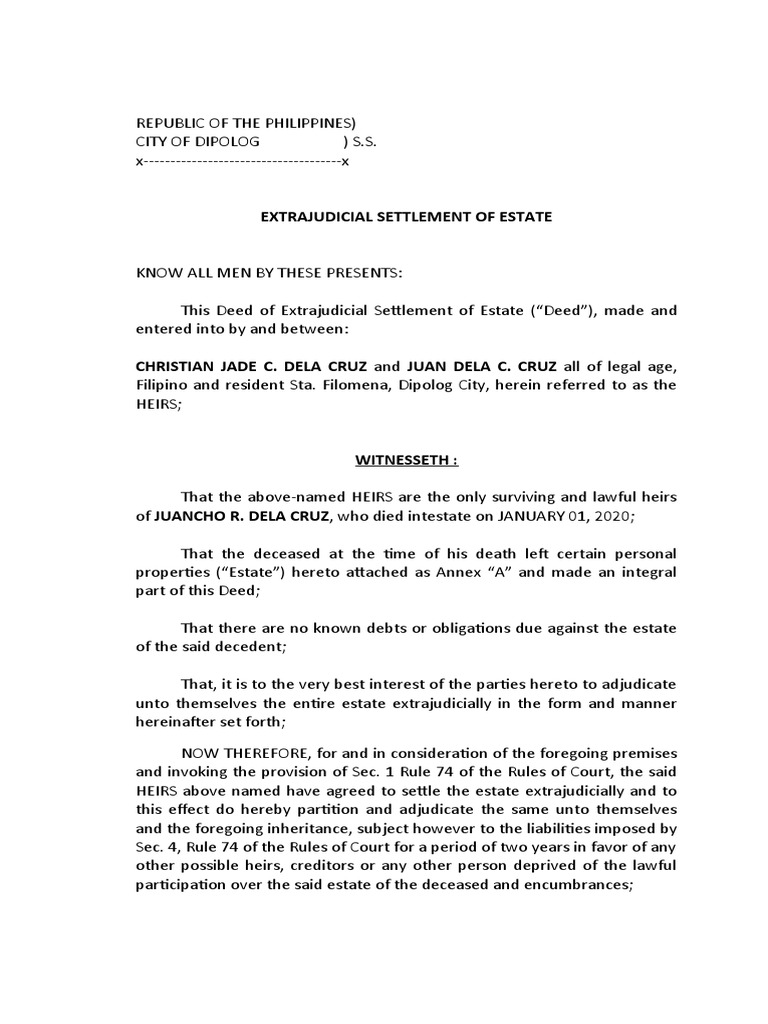 Extra Judicial Partition of Real Estate | Download Free PDF ...