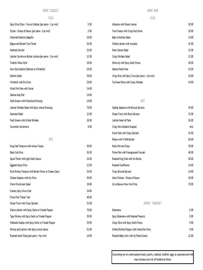 Nobu Menu Prices and Items Overview | PDF | Sushi | Salad