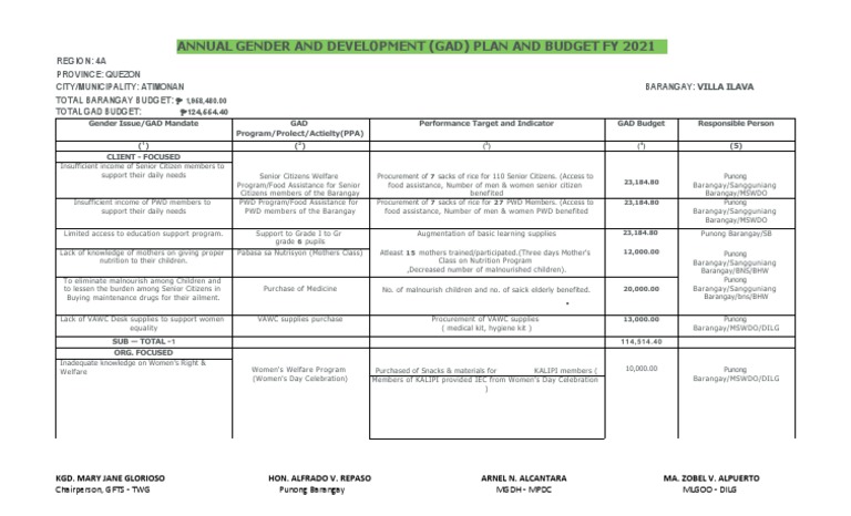 Annual Gender and Development (Gad) Plan and Budget Fy 2021 | PDF ...