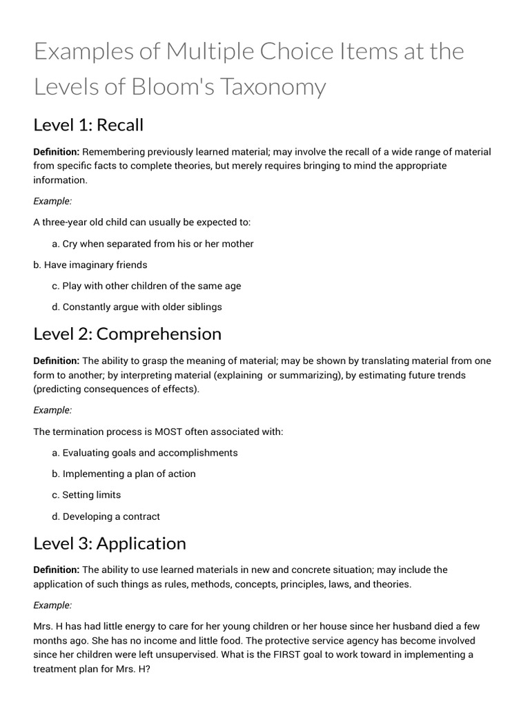 Examples of Multiple Choice Items at The Levels of Bloom's Taxonomy ...