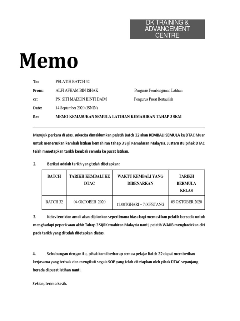Memo Kemasukan Semula Pelajar Dtac Batch32 | PDF