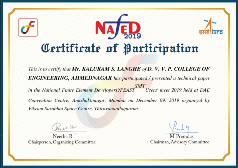 Nafed Feast Isro Workshop Certificate Langhr Sir | PDF | Technology ...