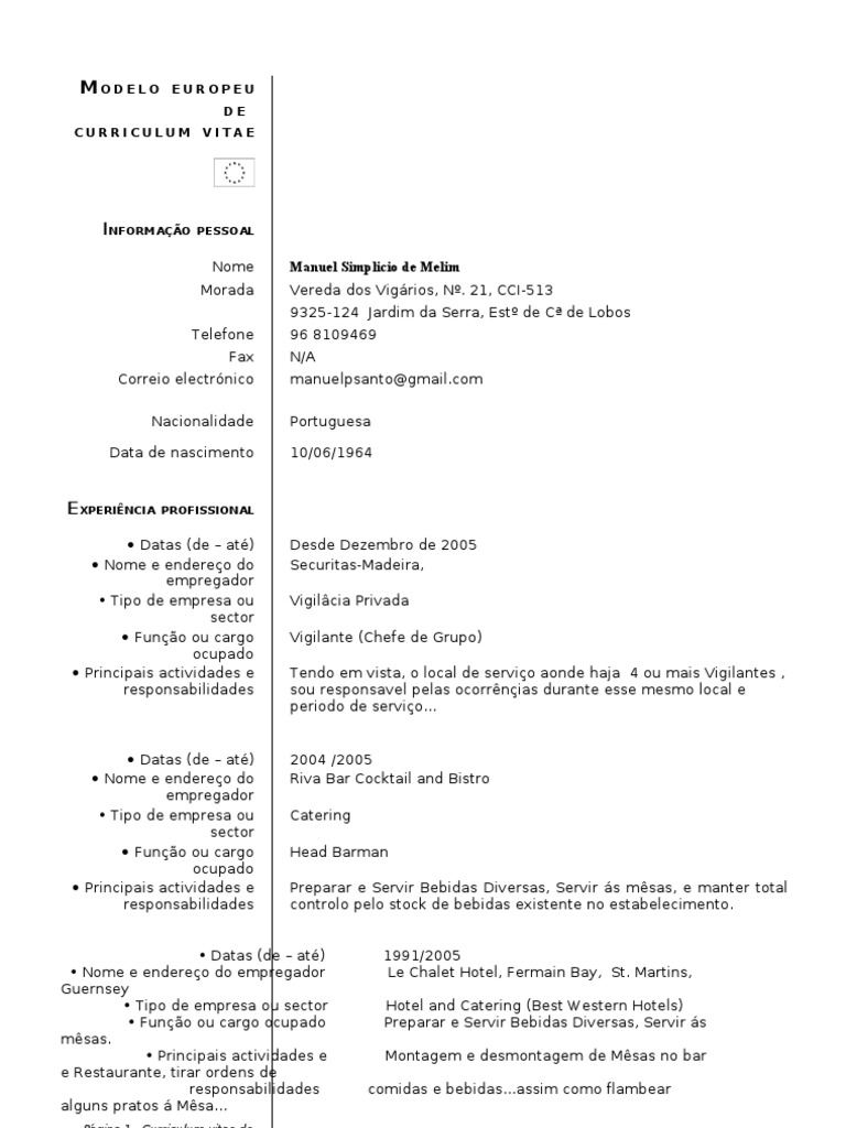 Modelo Europeu de Curriculum Vitae | PDF | Instituto de Tecnologia ...