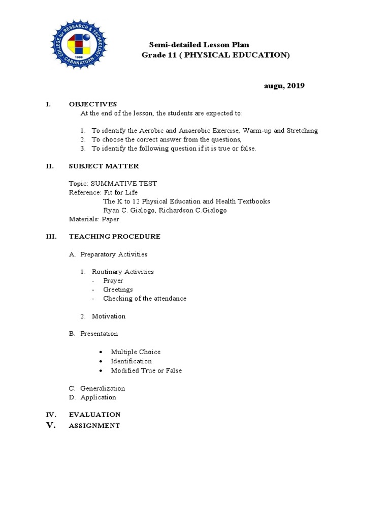 Semi-Detailed Lesson Plan Grade 11 (Physical Education) : I. Objectives ...