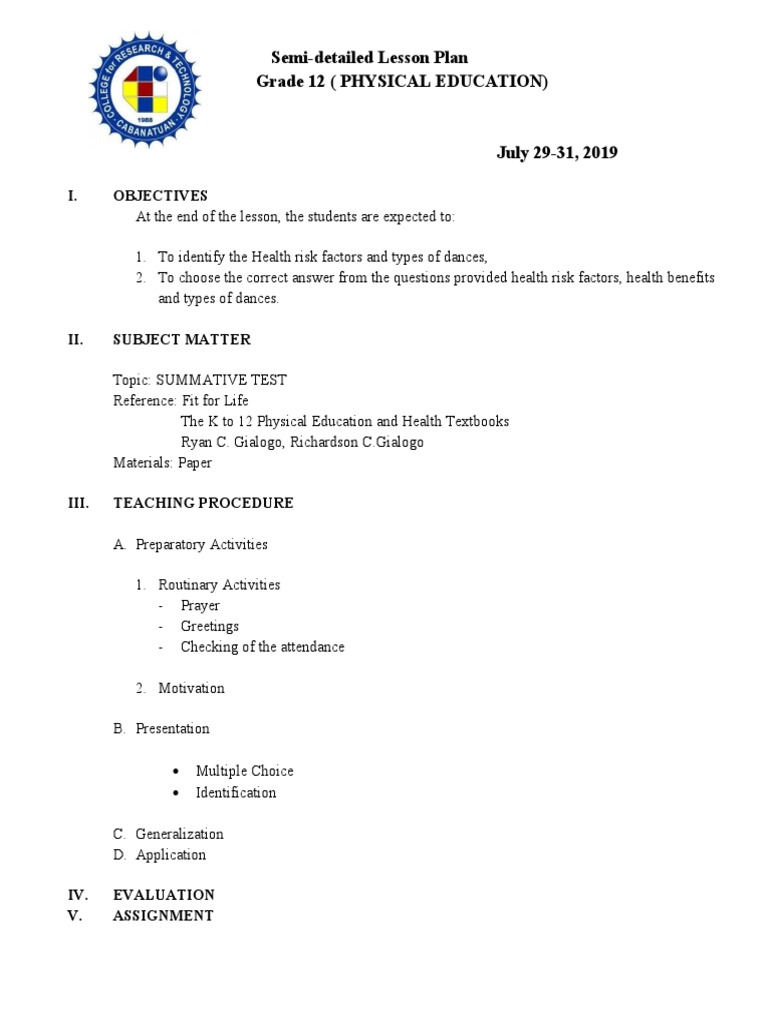 Semi-Detailed Lesson Plan Grade 12 (Physical Education) : I. Objectives ...
