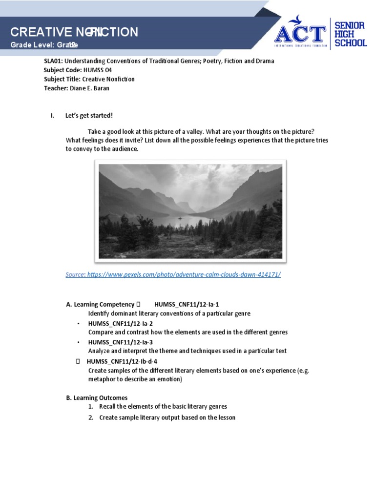 Creative Non - Fiction: Grade Level: Grade 12 | PDF | Poetry | Narration