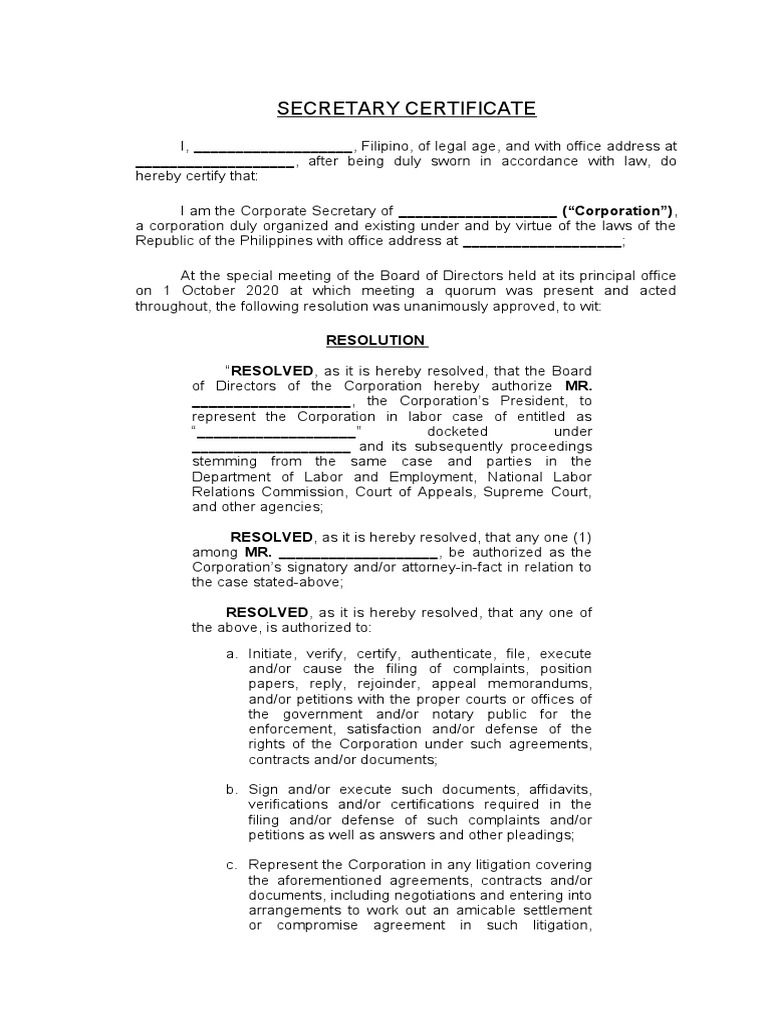Sample Secretary Certificate - File Case and Authority | PDF ...