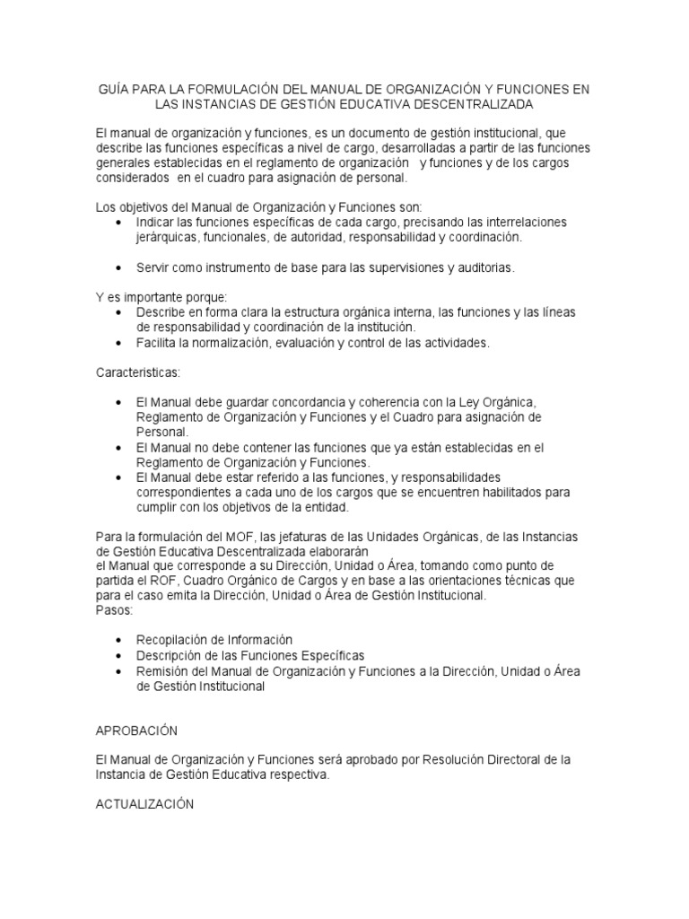 Guía para La Formulación Del Manual de Organización y Funciones en Las Instancias de Gestión ...