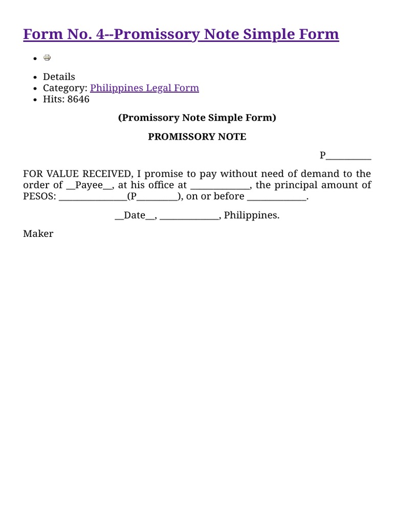 Form No. 4 - Promissory Note Simple Form - Philippines Legal Form | PDF